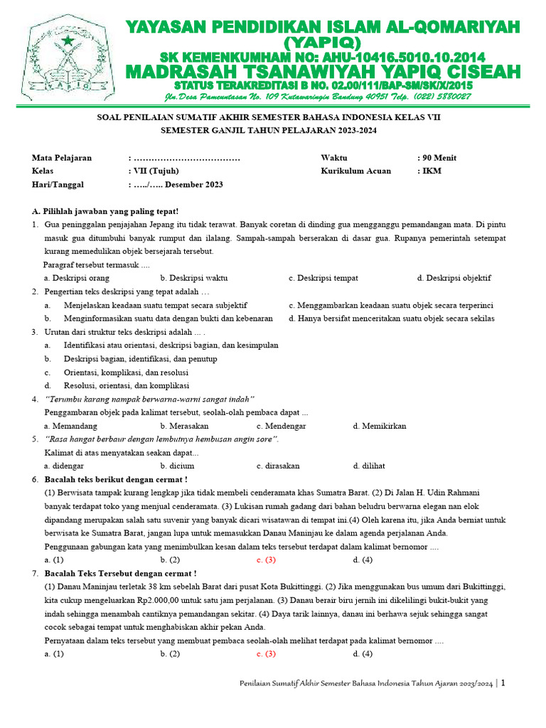 Soal PSAS B.indonesia Kelas VII 2023-2024 | PDF