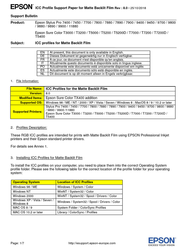 0 - ICC Profile Support Paper For Matte Backlit Film v8.0 | PDF ...
