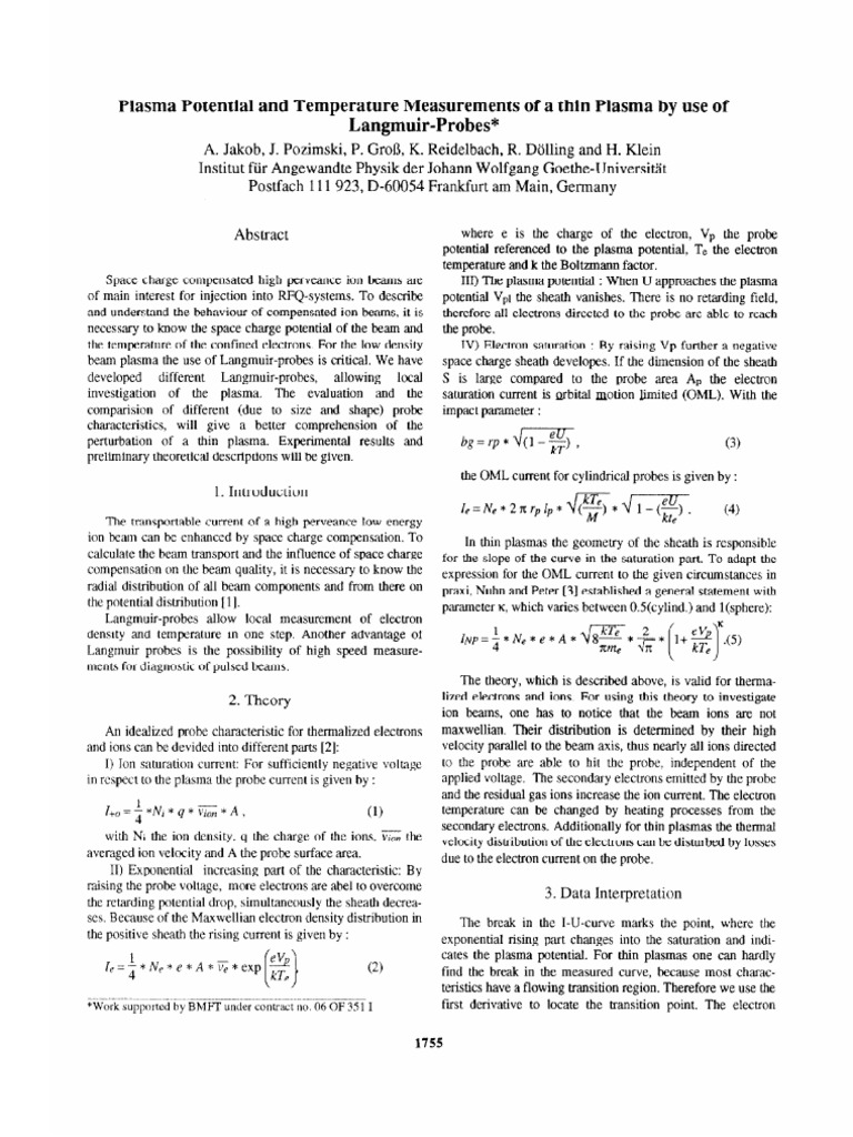 Plasma Potential and Temperature Measurements of A Thin Plasma by Use ...