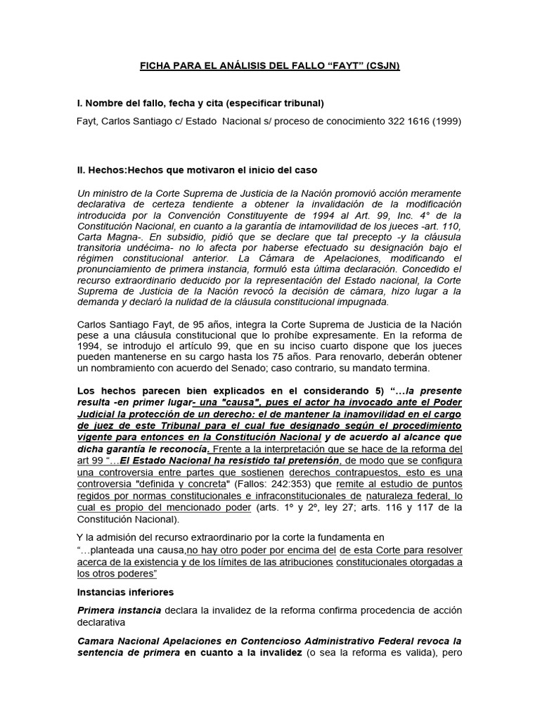 FICHA PARA EL ANÁLISIS DEL FALLO Fayt | PDF | Juez | Constitución