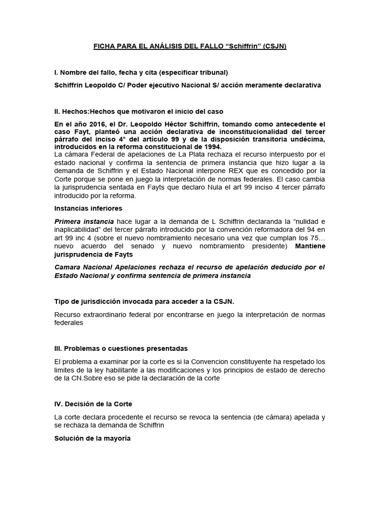 FICHA PARA EL ANÁLISIS DEL FALLO Schiffrin | Descargar gratis PDF | Caso de ley | Apelación