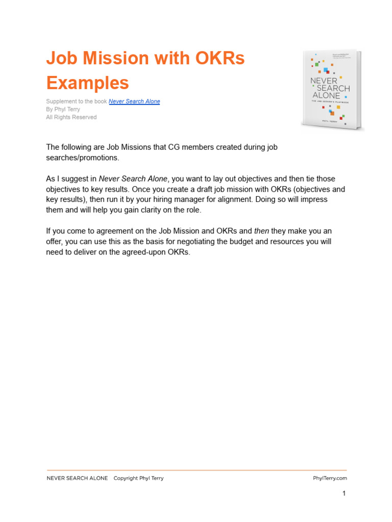 Job Mission with OKRs Examples | PDF | Employee Retention | Analytics