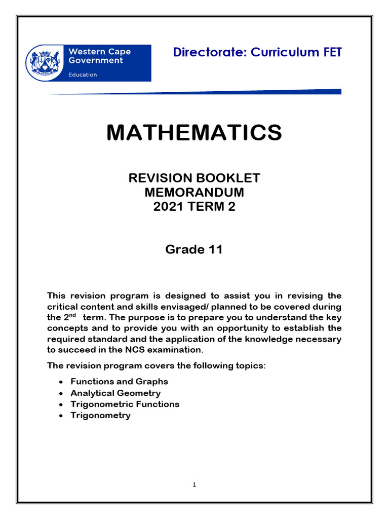 Grade 11 Math Revision Booklet 2021 | PDF | Trigonometry | Mathematics