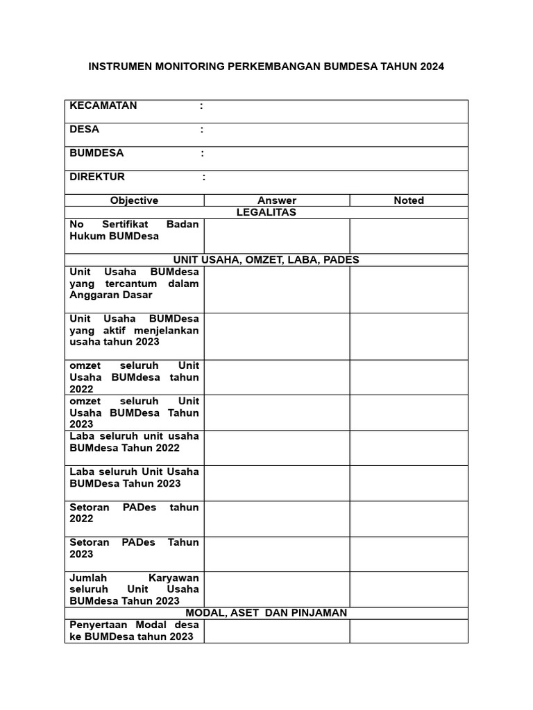 Instrumen Monitoring Bumdes, Kerjasama Desa Dan Kawasan | PDF