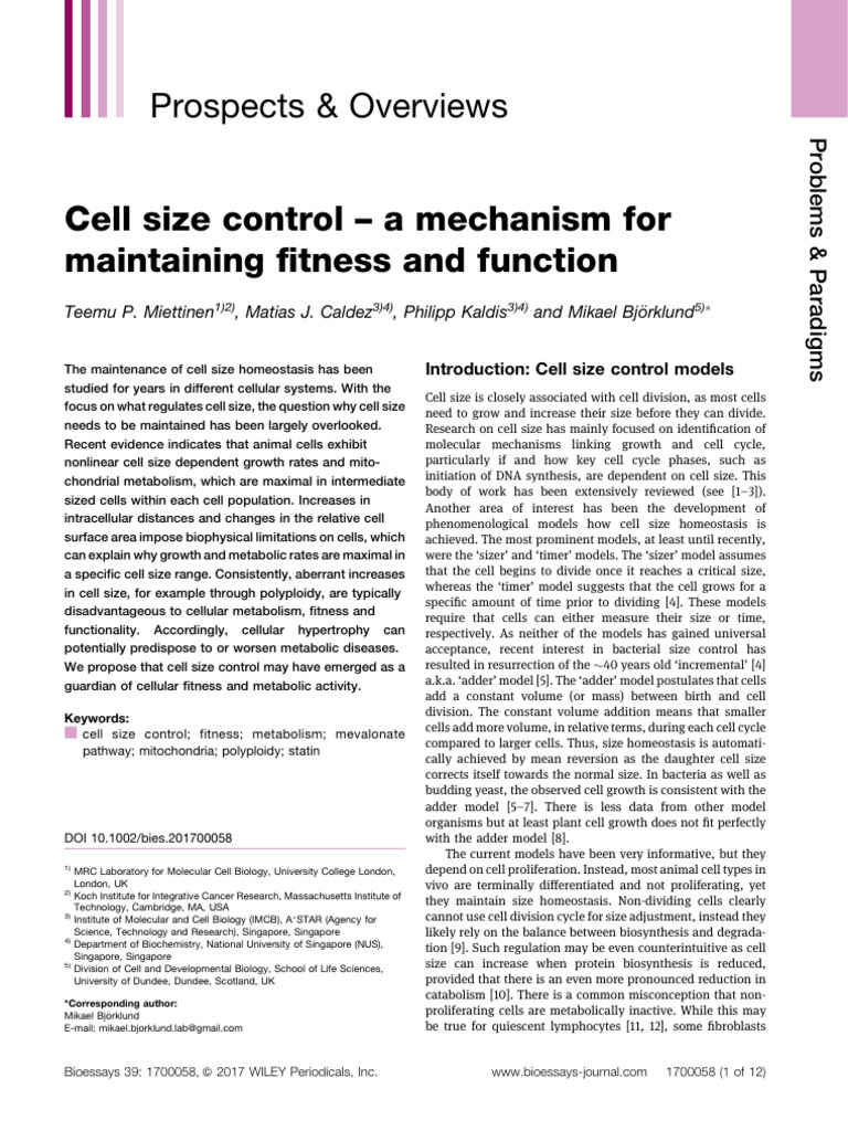 Cell Size Control - A Mechanism For Maintaining Fitness and Function ...