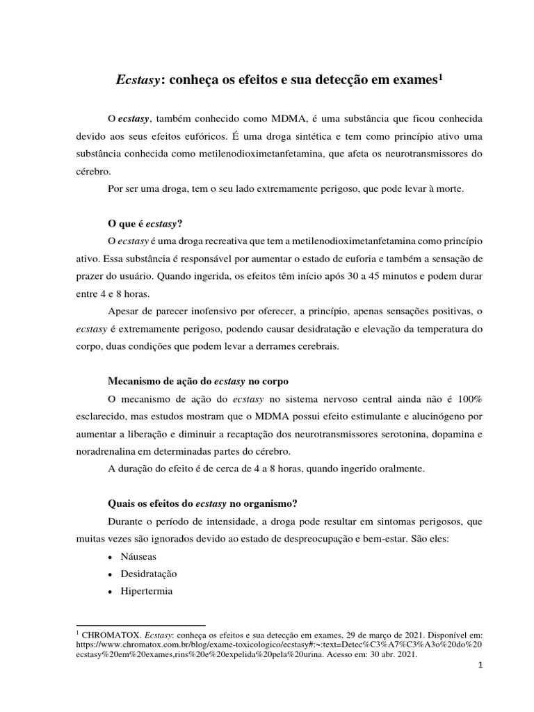 Ecstasy - Conheça Os Efeitos e Sua Detecção em Exames | PDF | MDMA ...