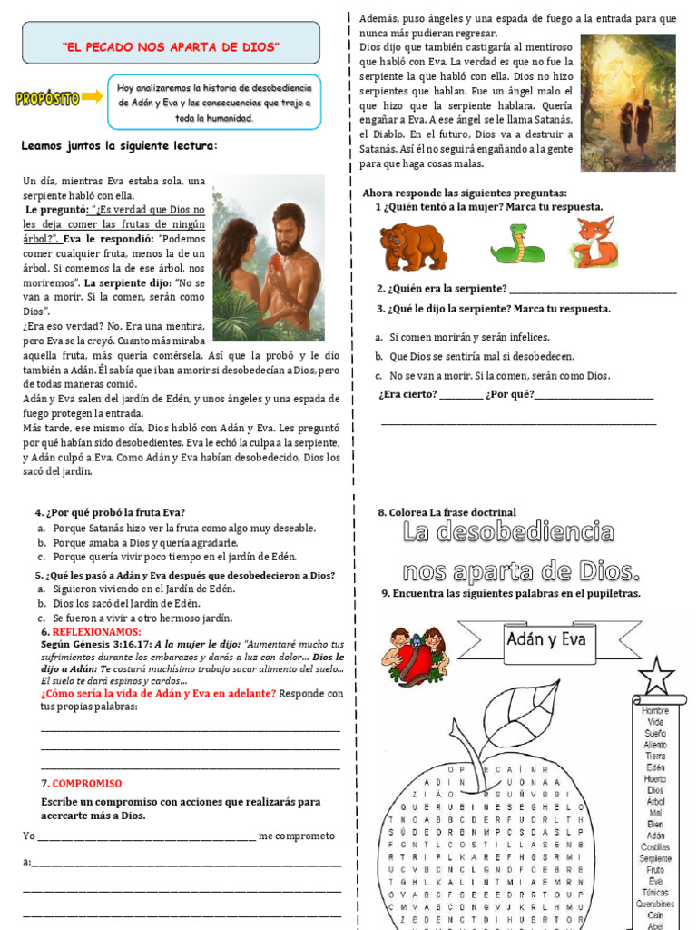 Ficha El Pecado Nos Aparta De Dios Pdf Víspera Adán Y Eva
