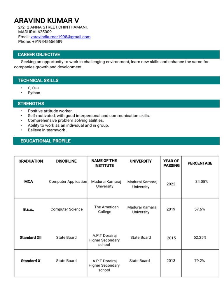 Aravind Kumar V Resume | PDF