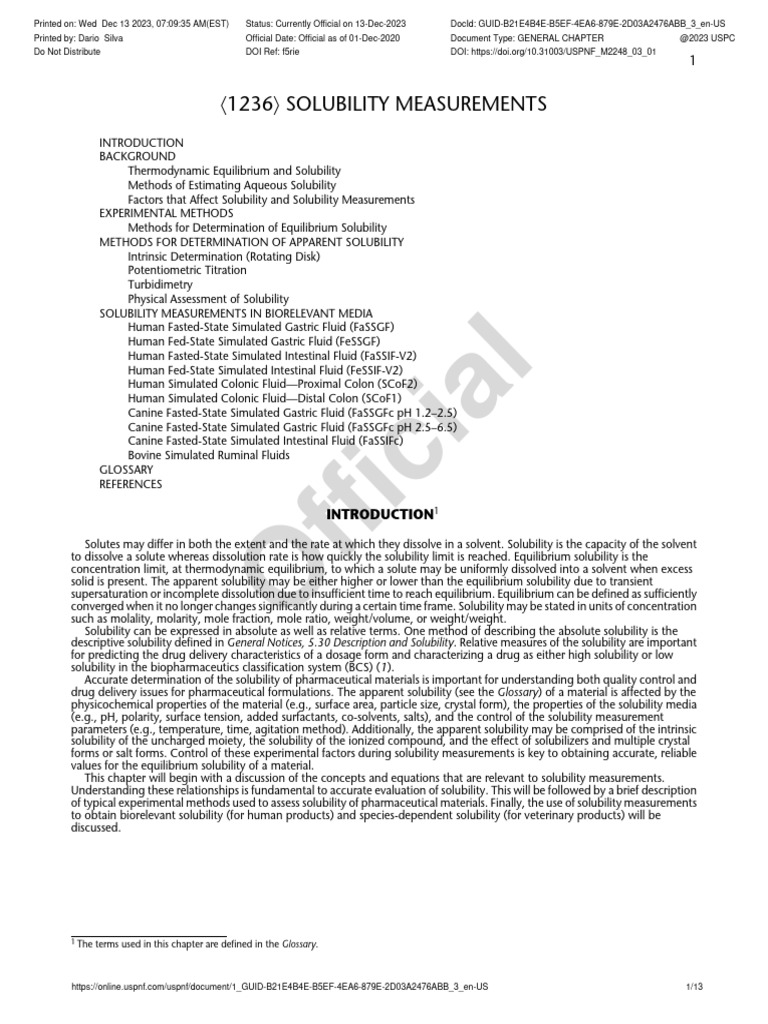 USP 1236 Solubility Measurements Guide | PDF | Acid Dissociation ...