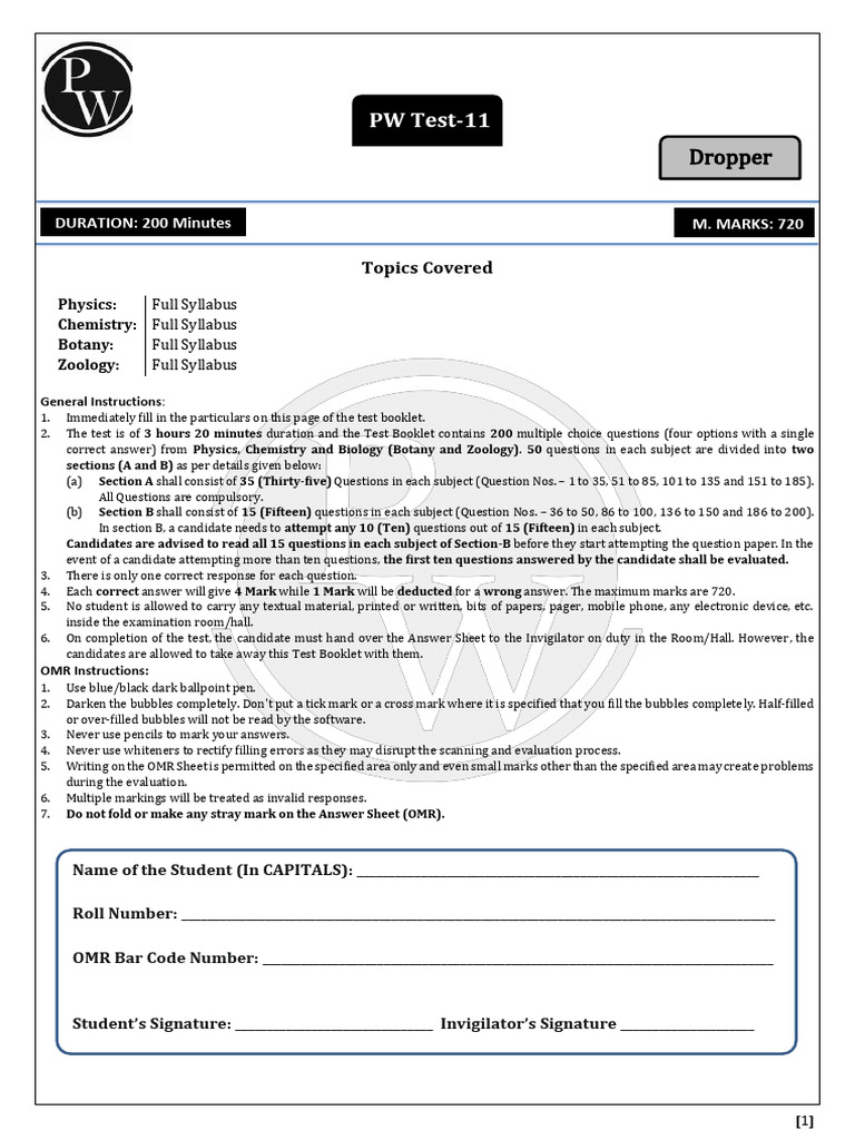 PW Test-11 - 11.04.2024 - PAPER | PDF | Electron | Photoelectric Effect