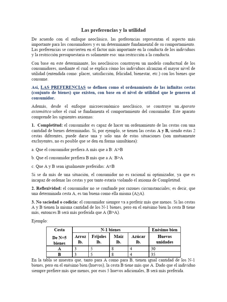Las Preferencias y La Utilidad. | PDF | Utilidad | Utilidad marginal