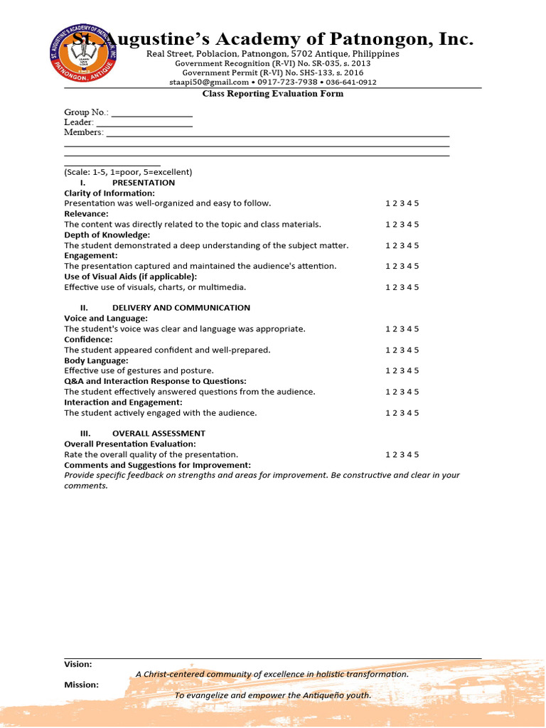 Class Reporting Evaluation Form | PDF | Cognitive Science | Learning