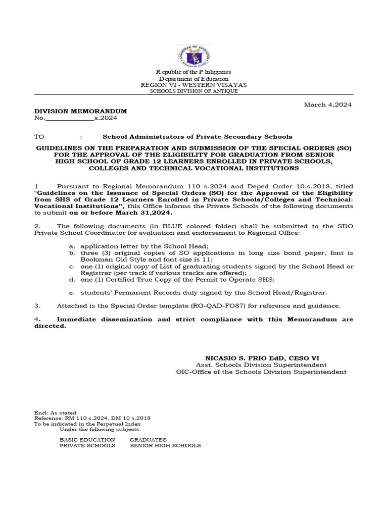 MOS Division Memo SO 2024 | PDF
