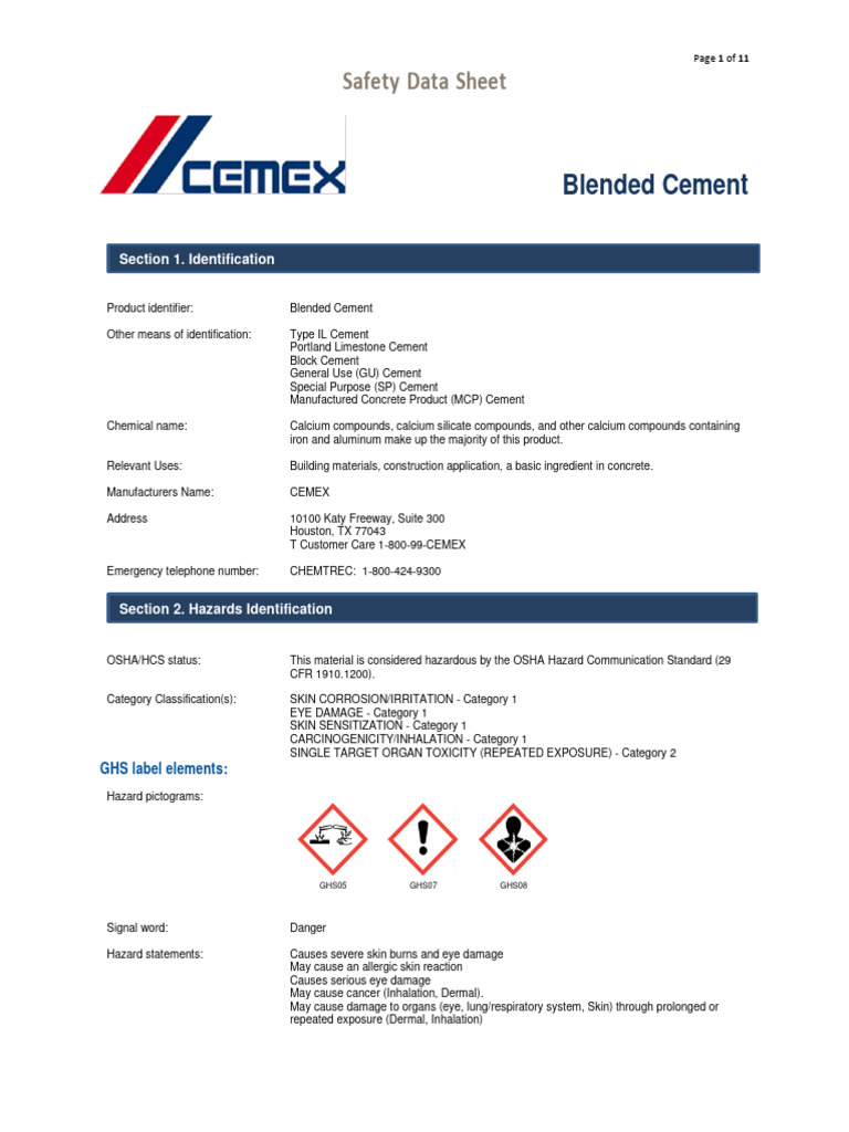 Sds Blended Cementconcrete | PDF | Personal Protective Equipment | Cement