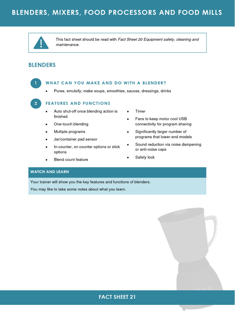Fact Sheet 21 - Blenders Mixers Food Processors and Food Mills Student ...