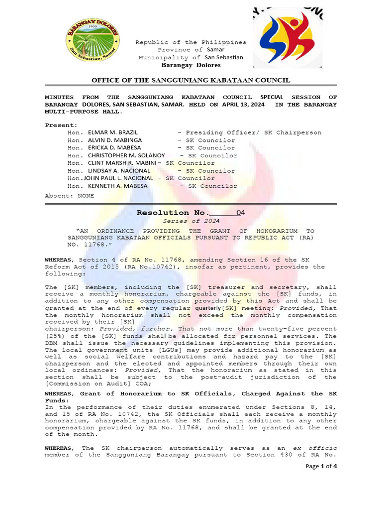 SK Honorarium Ordinance, Dolores Samar | PDF | Justice | Crime & Violence