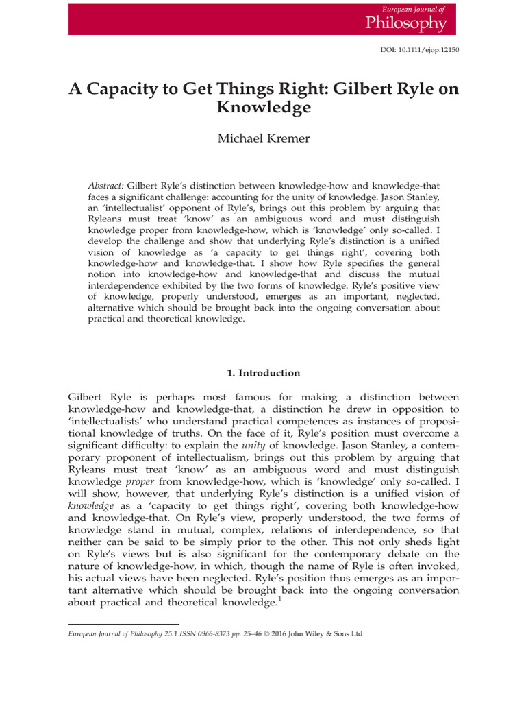 Ryle's Knowledge: Unity of Knowing-How | PDF | Knowledge | Epistemology