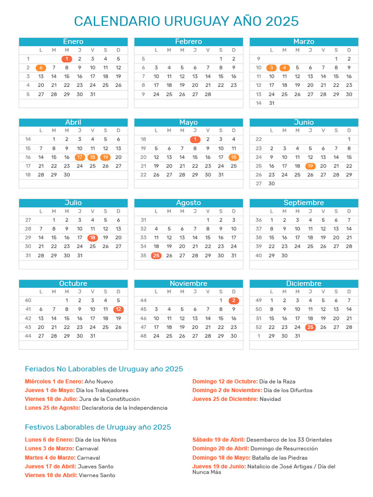 Calendario y Feriados Uruguay 2025 | PDF