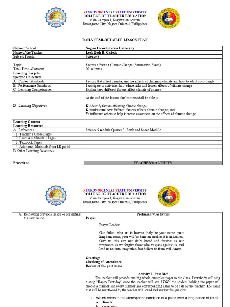 Climate Change Lesson Plan for Science 9 | PDF | Altitude | Precipitation