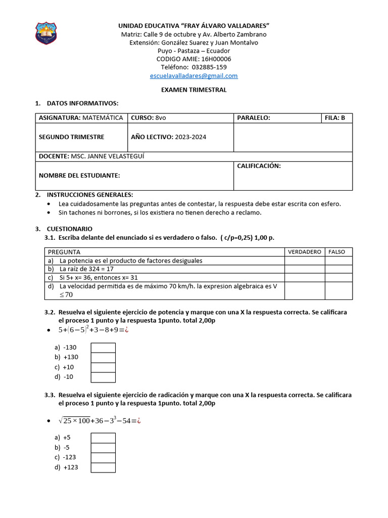 Examen 2do Trimestre Matemàtica Fila B Corregido | PDF | Conceptos ...