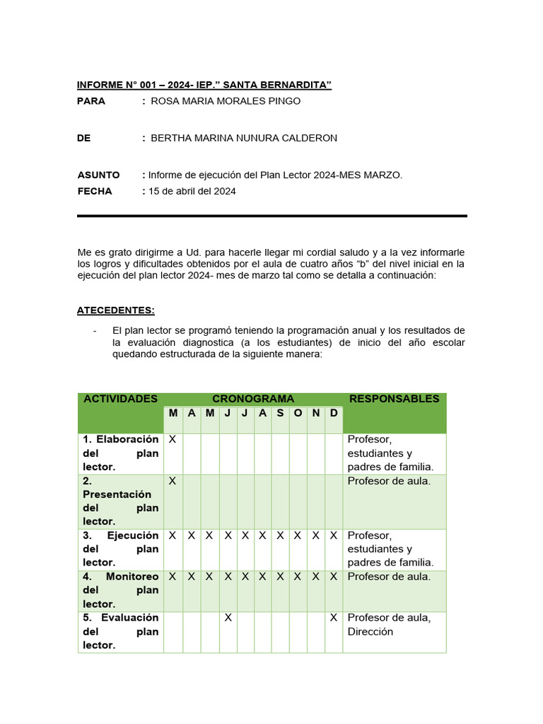 INFORME DE PLAN LECTOR-mes Marzo | PDF | Aprendizaje