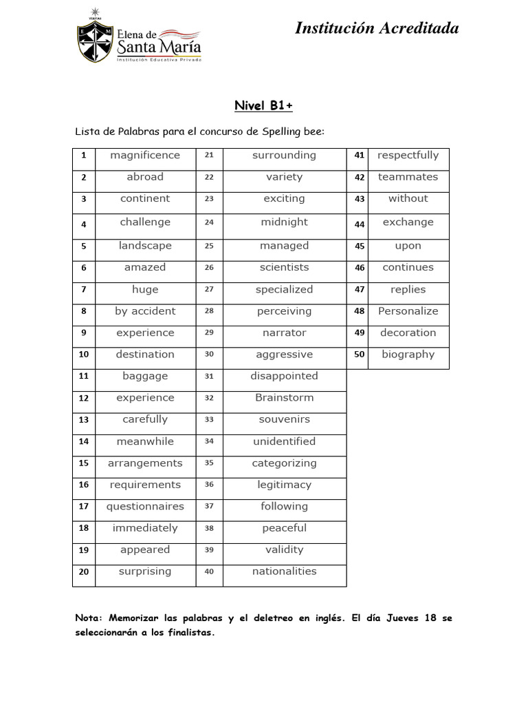 Spelling Bee Word List for B1+ Level | PDF