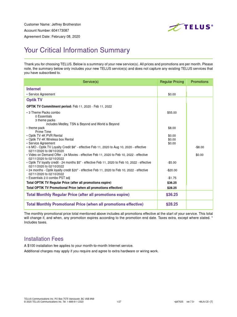 Your Critical Information Summary: Installation Fees | PDF | Computer ...