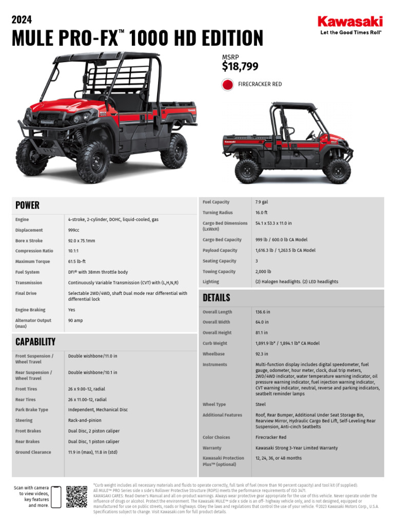 2024 Mule Pro FX 1000 HD Edition en Us Spec Sheet | PDF | Four Wheel Drive | Brake