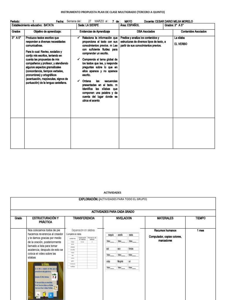 Formato Plan de Aula Multigrado - Español | PDF | Verbo | Lengua española