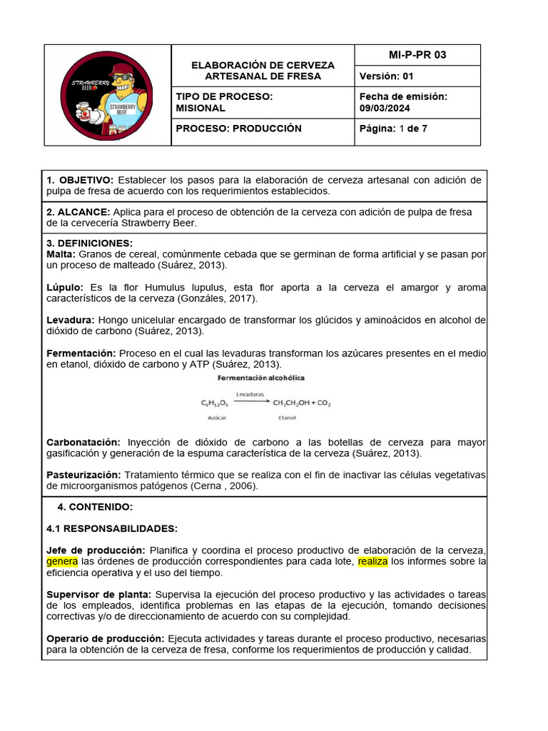 MI-P-PR 03 ELABORACIÓN DE CERVEZA - Docx (ULTIMA VERSION) | PDF | Cerveza | Fabricación de cerveza