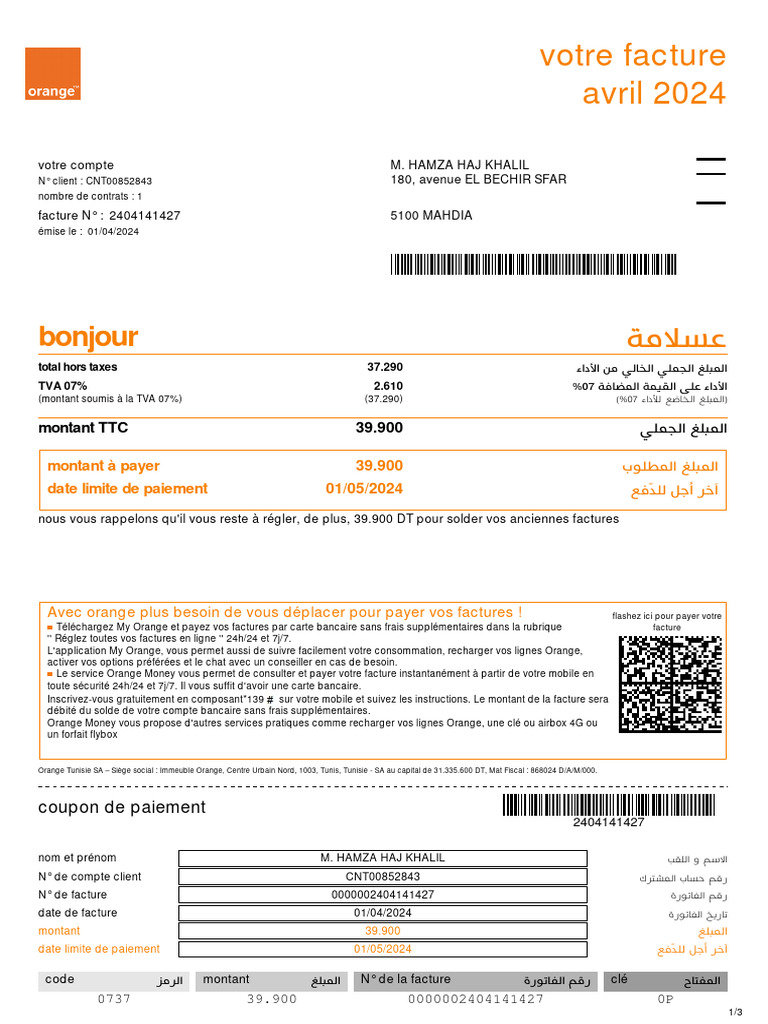 Paiement Facture Orange FixBox avril 2024 | PDF | Taxe sur la valeur ...