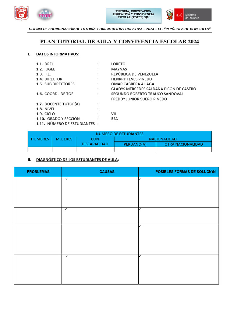 Plan Tutorial de Aula y Convivencia Escolar 2024 - Ciclo Vii Vacio ...