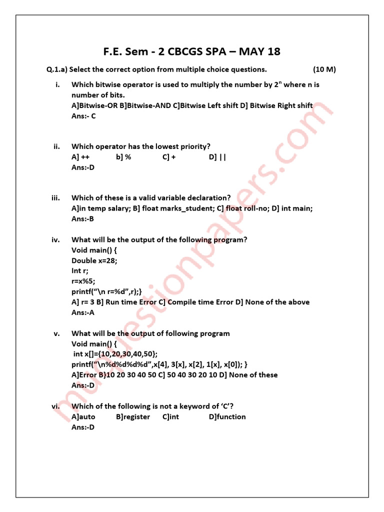 C Programming Exam Questions and Answers | PDF | Pointer (Computer ...