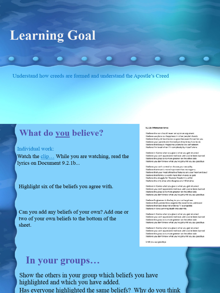 Learning Goal: Understand How Creeds Are Formed and Understand The ...