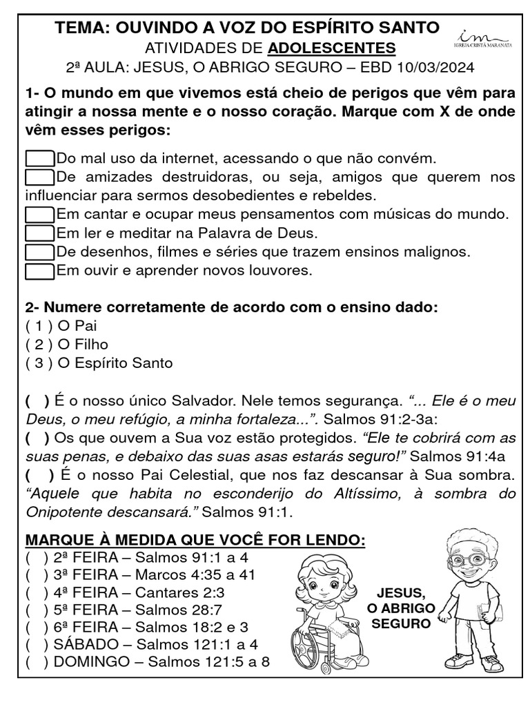 2a Aula - Atividade - ADO - Ouvindo A Voz Do Espirito Santo - Jesus o Abrigo Seguro - Marco 2024 ...