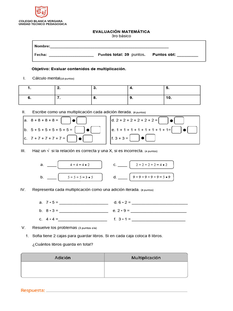 Eval 3ero Multiplicación | PDF | Matemáticas