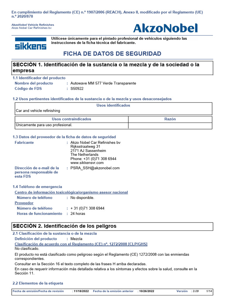 Ficha de Datos de Seguridad Autowave MM 577 | PDF | Residuos ...