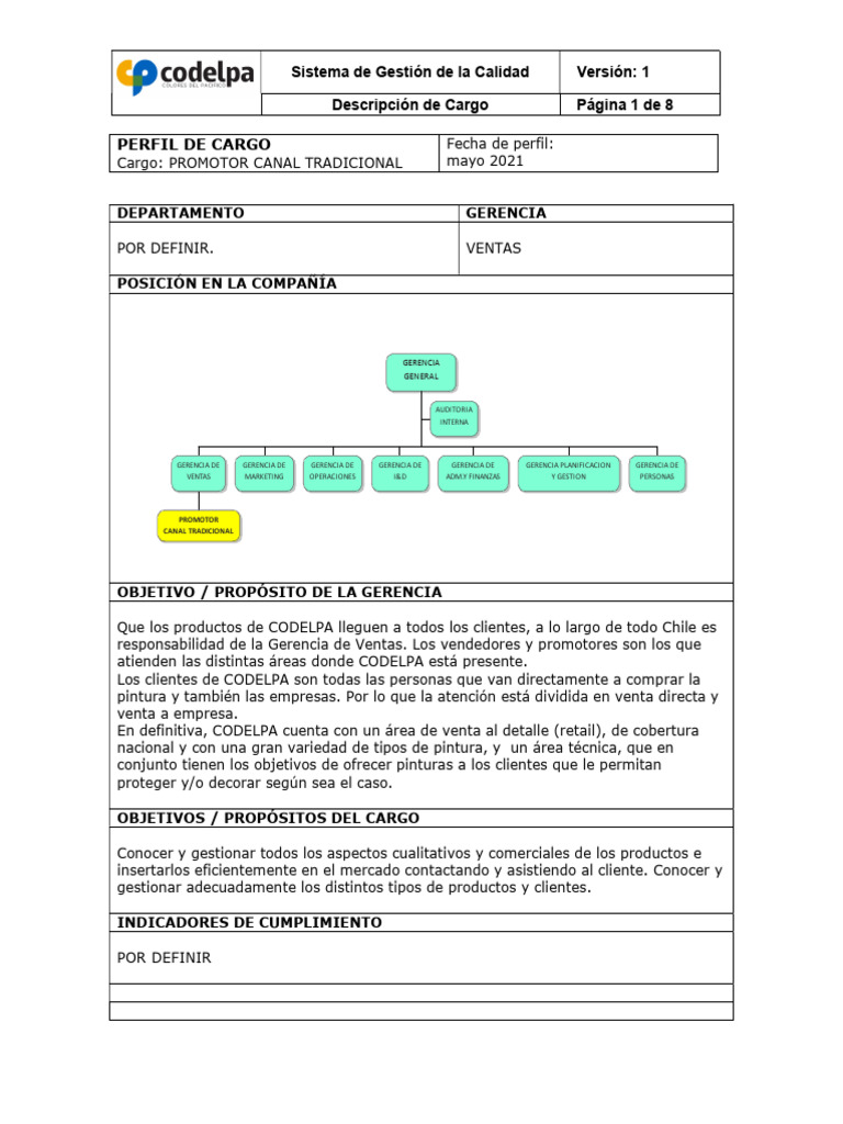 Descriptor de Cargo - Promotor Canal Tradicional. | PDF | Calidad (comercial) | Gestión de la ...