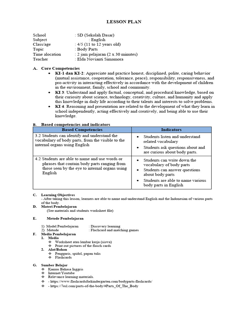 Elda's Body Parts Lesson Plan | PDF | Learning | Teachers