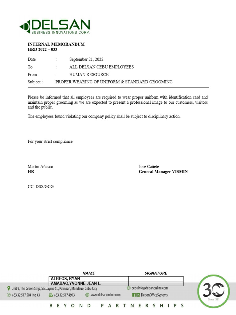 Wearing of - Company ID Memo | PDF | Business | Social Science