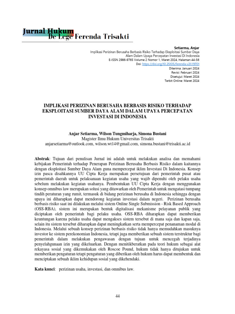 Implikasi Perizinan Berusaha Berbasis Risiko Terhadap Eksploitasi Sumber Daya Alam Dalam Upaya ...