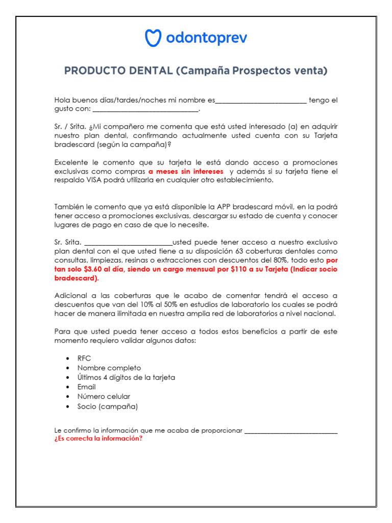 Script Dental Aviso Corto Nov 2021 Propuesta Prospectos de Venta Bradescard | PDF