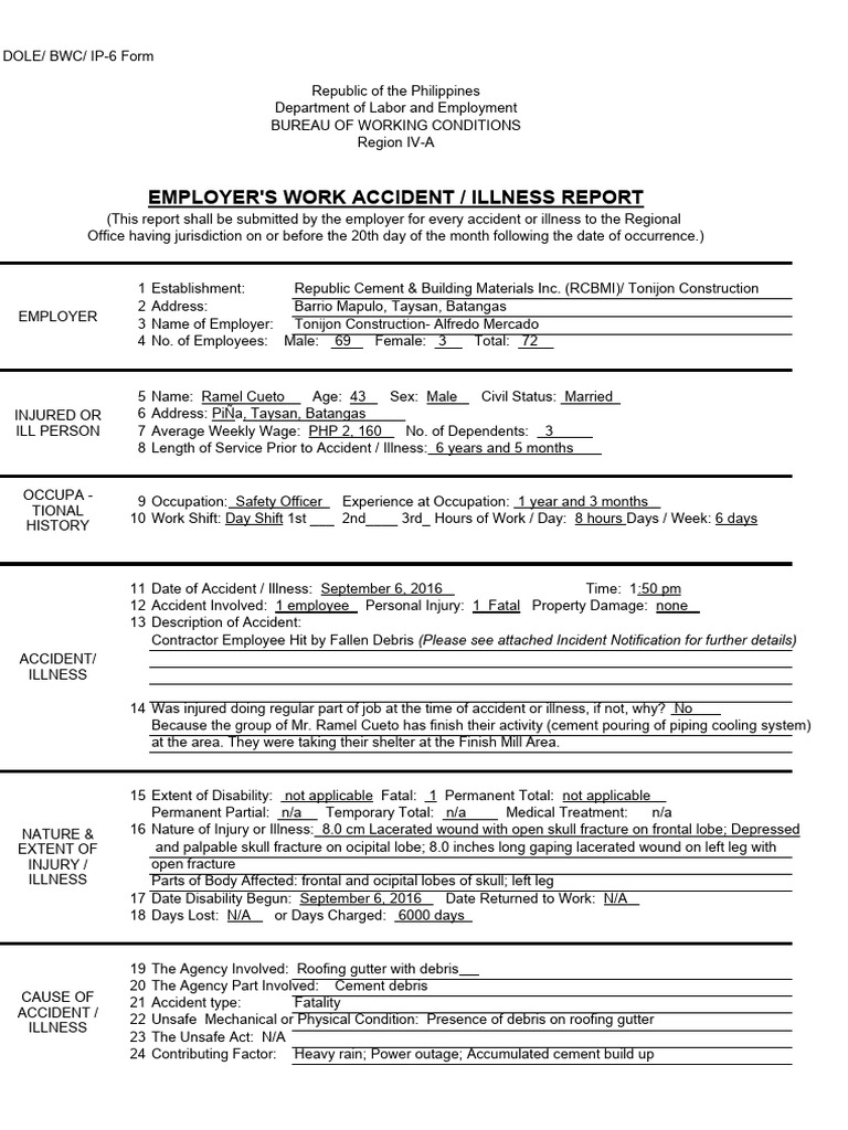 FORM - Dole Employer's Work Accident Illness Report | PDF | Employment ...