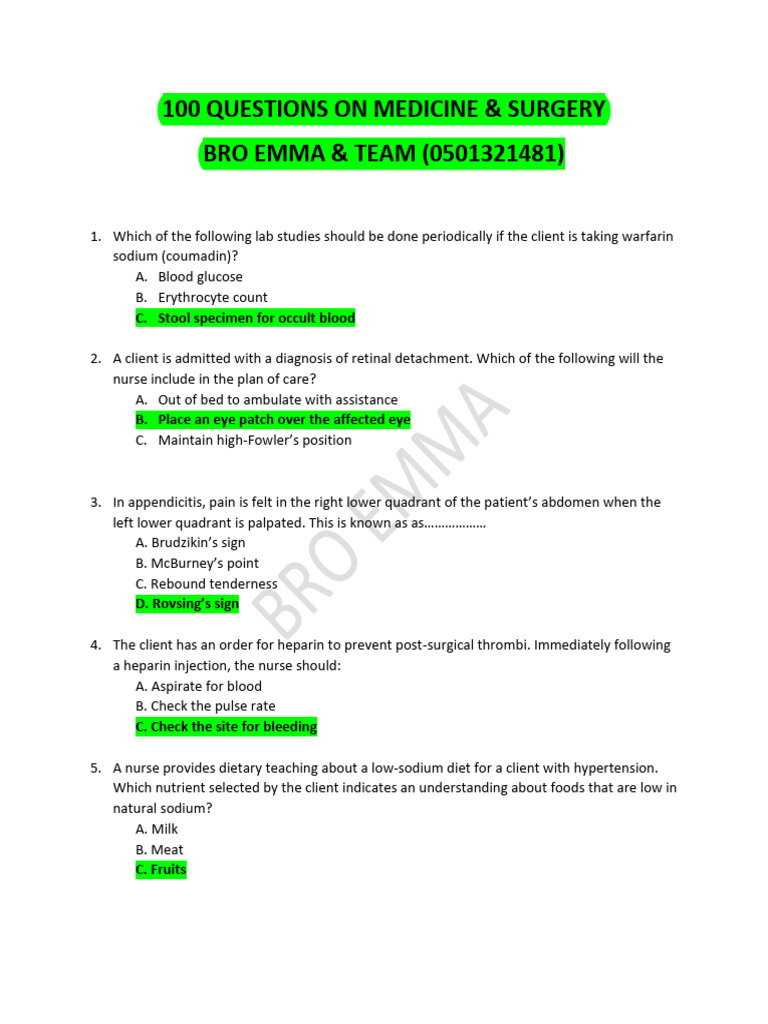 100 Questions On Medicine & Surgery - Answers @bro Emma PDF | PDF ...