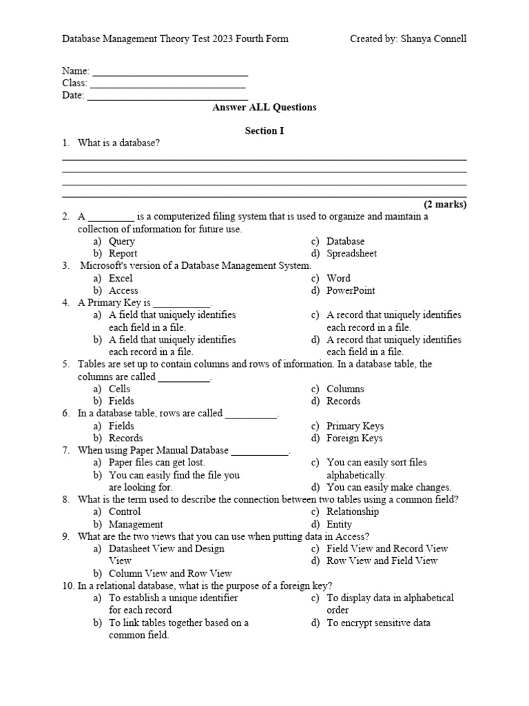 Database Management Theory Test 2023 | PDF | Databases | Table (Database)