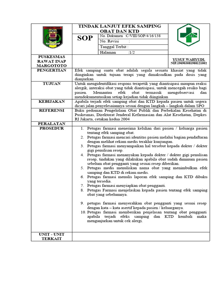 Sop TINDAK LANJUTEFEK SAMPING OBAT DAN, KTD | PDF