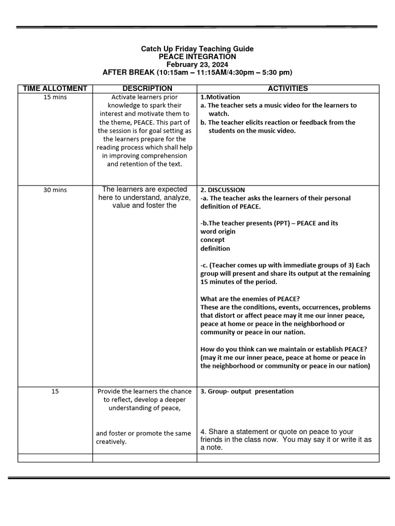 Peace Integration Teaching Guide | PDF | Learning | Reading Comprehension