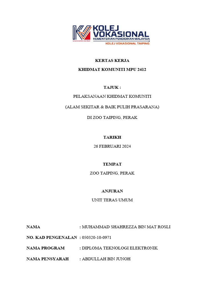 Kertas Kerja Zoo Taiping Apek Baru | PDF