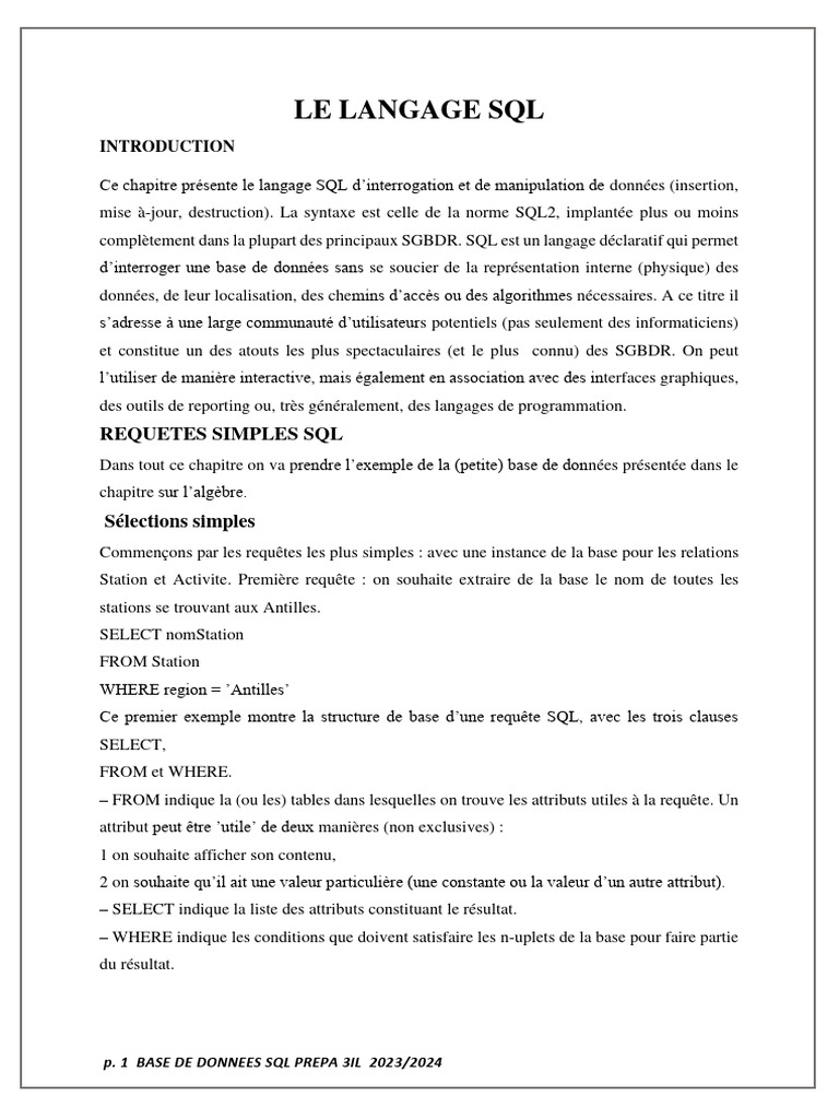 Introduction au langage SQL et requêtes | PDF | SQL | Base de données ...