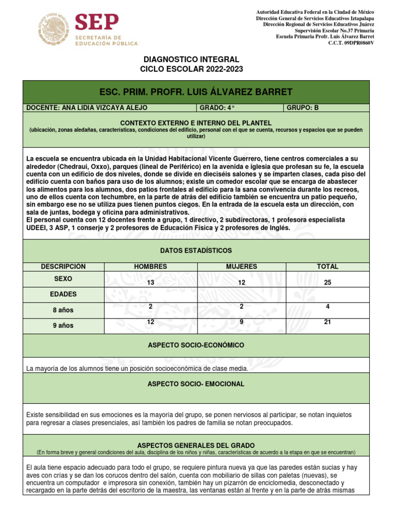 Formato Diagnostico 4° B Descargar Gratis Pdf Escuelas Salón De